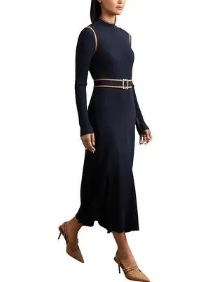 REISS Ella Color Blocked Knitted Midi Dress - Navy/caramel