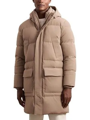 REISS Longline Quilted Down Coat - Light Camel