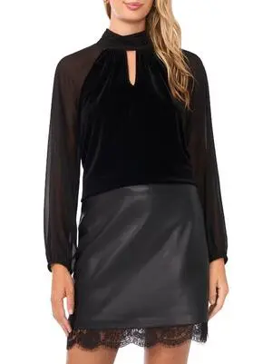 Vince Camuto Sheer Sleeve Velvet Top - Rich Black