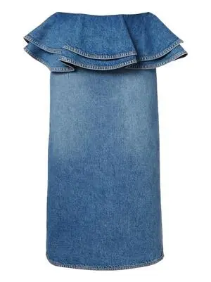 Plan C Peplum Denim Midi Skirt - Blue