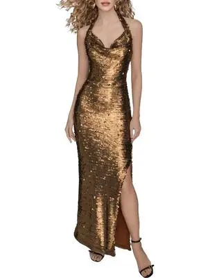 Donna Karan New York Paillette Cowl Neck Halter Gown - Vicuna