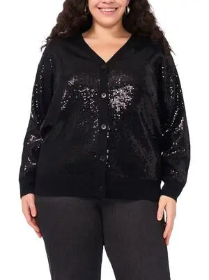 Vince Camuto Sequin Mixed Media Cardigan - Rich Black