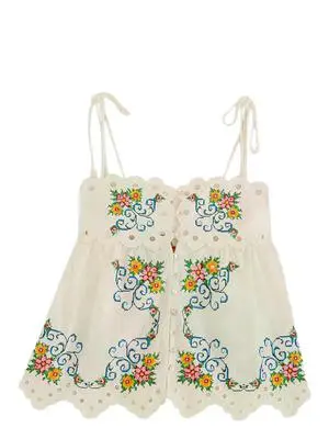 Farm Rio Floral-embroidered Scalloped Top - White