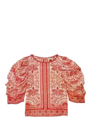 Farm Rio Patterned Puff-sleeve Top - Red
