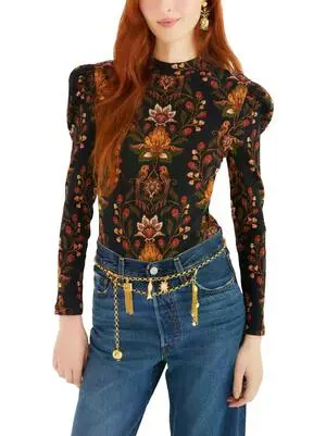 Farm Rio Puffed-sleeve Floral Bodysuit - Black