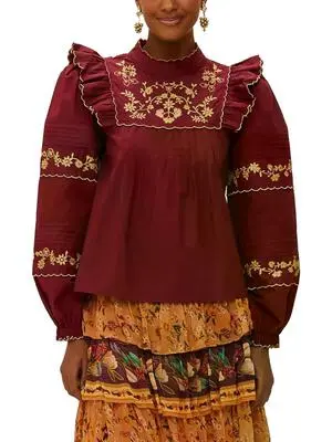 Farm Rio Embroidered Ruffled Top - Red