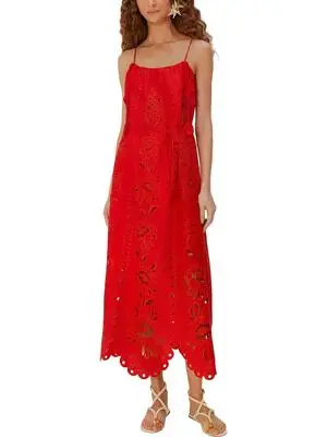 Farm Rio Floral-embroidered Midi Dress - Red