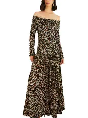Farm Rio Floral-pattern Off-shoulder Maxi Dress - Black