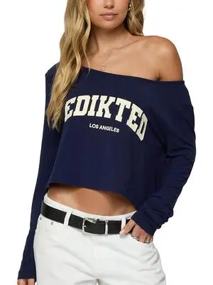 EDIKTED Off Shoulder Top Navy-and-cream