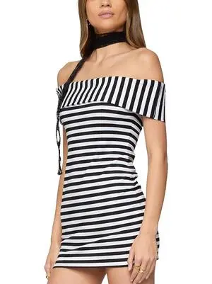 EDIKTED Zivi Fold Over Striped Mini Dress - Black And White