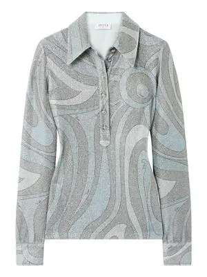 Emilio Pucci Printed Metallic Jersey Polo Shirt - Silver