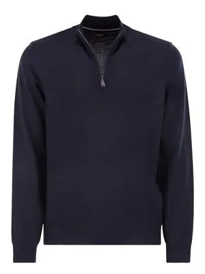 BOSS Virgin Wool Jumper With Zip Collar - Blue