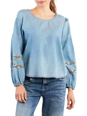 BILLY T Floral Embroidery Poet Top - Denim