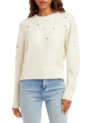 Karen Kane Embroidered Flower Crewneck Pullover - Cream