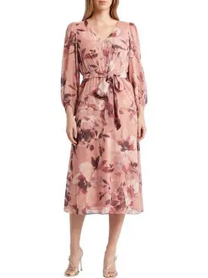 Anne Klein Floral Stripe Long Sleeve Midi Dress - Rose Mist Multi