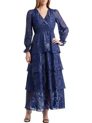 Anne Klein Metallic Floral Long Sleeve Tiered Dress - Distant Mountain
