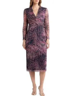 Anne Klein Floral Metallic Stripe Long Sleeve Midi Dress - Lotus Pink Multi