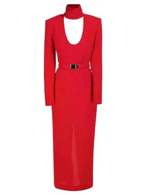 ROWEN ROSE Draped-collar Belted Dress - Red