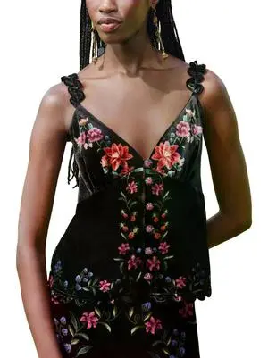 Farm Rio Floral-pattern Straps Top - Black