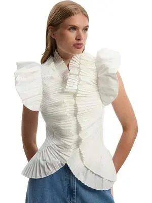 Karen Millen Pleated Ruffle Sleeve Woven Top - Ivory