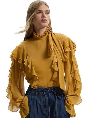 Karen Millen Georgette Ruffle Woven Pussybow Blouse - Ochre