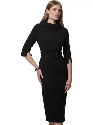 Karen Millen Crepe Roll Neck Pencil Midi Dress - Black