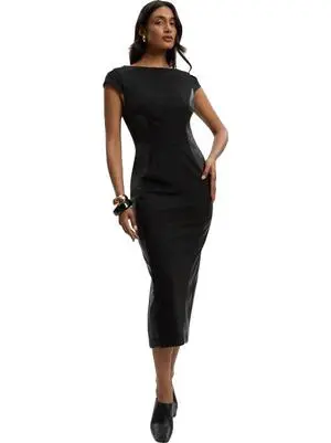 Karen Millen Ponte And Pu Mix Pencil Midi Dress - Black