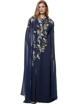 Karen Millen Floral 3d Cape Sleeve Maxi Dress - Navy