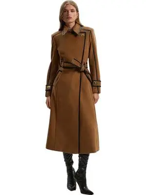 Karen Millen Wool Blend Belted Midi Coat With Pu Trim - Camel