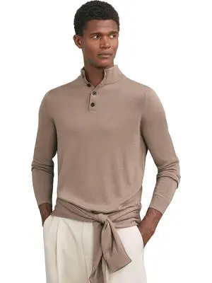 REISS Farnham Merino Wool Half-button Funnel Jumper - Camel Brown