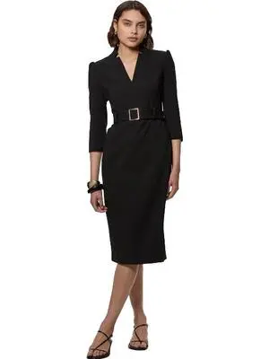 Karen Millen Belted 3/4 Sleeve Midi Dress - Black