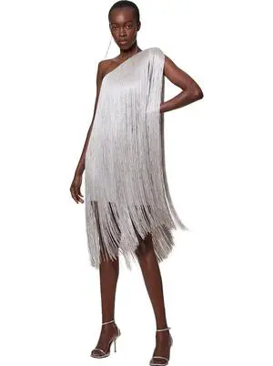 Karen Millen Petite One-shoulder Fringe Mini Knit Dress - Silver