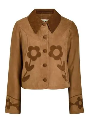 Rixo Dionne Floral Cropped Suede Jacket - Tan