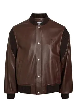 Loewe Leather Bomber Jacket With Ribbed Trims - Brown