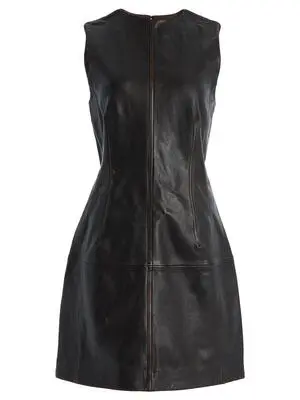Staud Binx Distressed Leather Mini Dress Brown