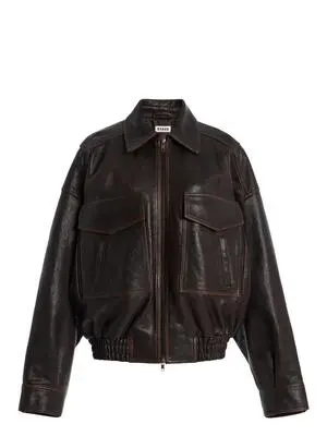 Staud Eugene Distressed Leather Bomber Jacket - Brown