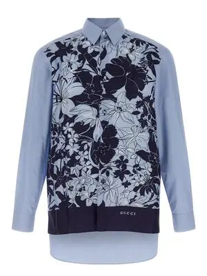 Gucci Floral Print Cotton And Silk Twill Shirt - Light Blue