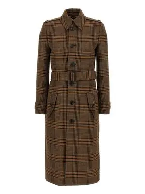 Saint Laurent Prince Of Wales Wool Coat - Brown
