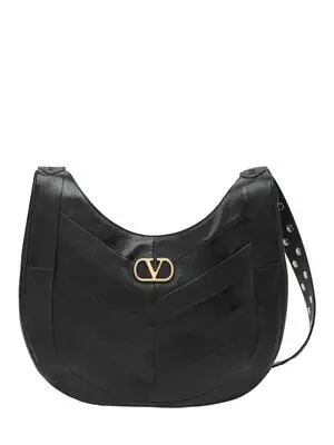 Valentino Garavani Medium Hobo Bag In Chevron Pattern Nappa - Black