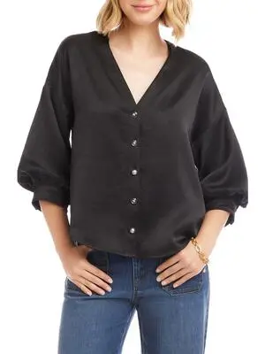 Karen Kane Satin Lantern Sleeve Button-up Shirt - Black