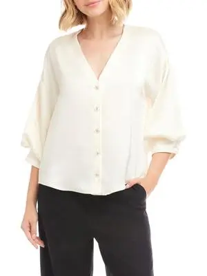 Karen Kane Satin Lantern Sleeve Button-up Shirt - Cream