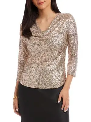 Karen Kane Sequin Drape Neck Top - Champagne