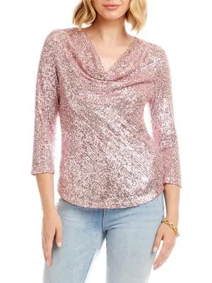 Karen Kane Sequin Drape Neck Top - Pink