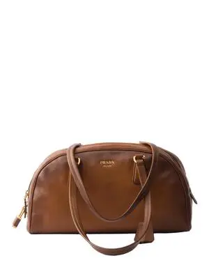Prada Medium Top-Handle Leather Bowling Bag Cognac