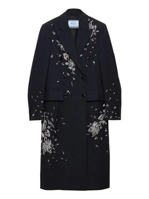 Prada Embroidered Wool Double-Breasted Coat Navy