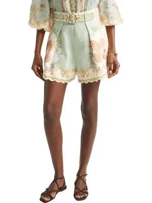 Zimmermann Daylight Tuck Pleated Linen Shorts - Wallpaper Floral Mint