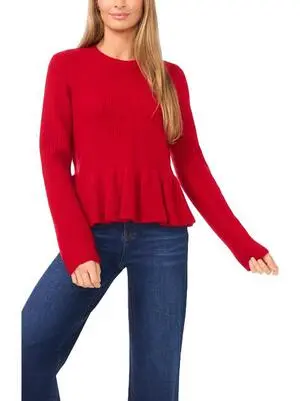 CECE DUPRAZ Ribbed Peplum Sweater - Lipstick Pop