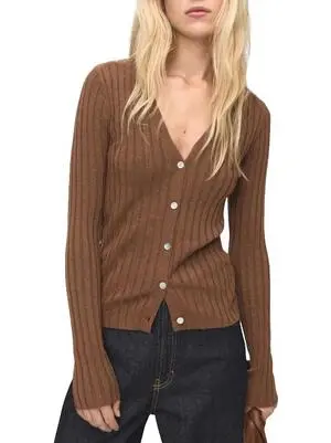 Mango V-neck Ribbed Cardigan - Chocolate