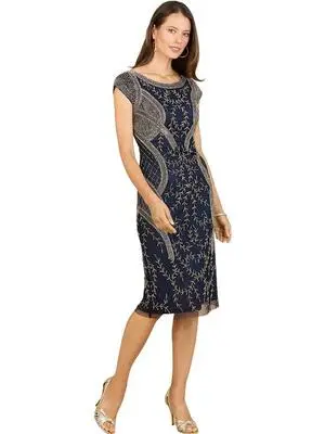 LARA NEW YORK Cap Sleeve Midi Gown With High Neckline - Navy