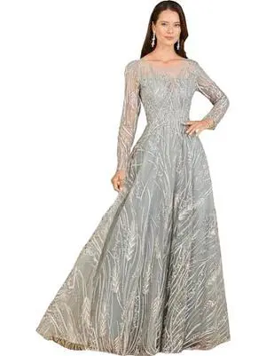 LARA NEW YORK Lace Embroidered Long Sleeve Ball Gown - Silversage